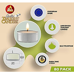Ner Mitzvah 6 Hour Tea Light Candles - 80 Pack Bulk Package - White Unscented Travel, Centerpiece, Decorative Candle with Maxi Burn Time - Pressed Wax