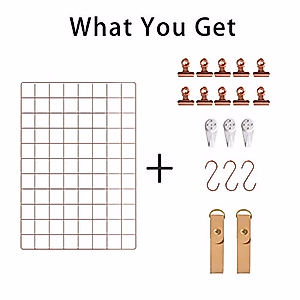 FRIADE Rose Gold Metal Wire Wall Grid Panel for Photo Display,Display Ledge,Wall Organizer for Living Room,Bedroom，10 Metal Clips&2 Leather Straps&3 Nails Offered,Set of 1 (Rose Gold:25.5”x17.7”)