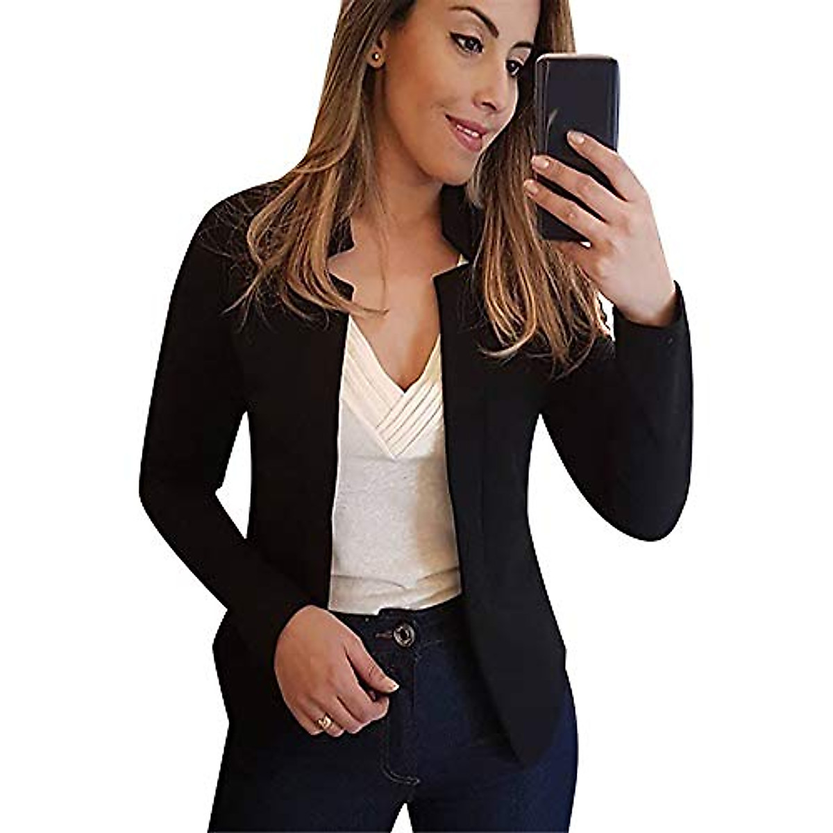 FLITAY Women's Slim Fit Casual Long Sleeve Blazer Plus Size Solid Color Trendy Blazer Black S