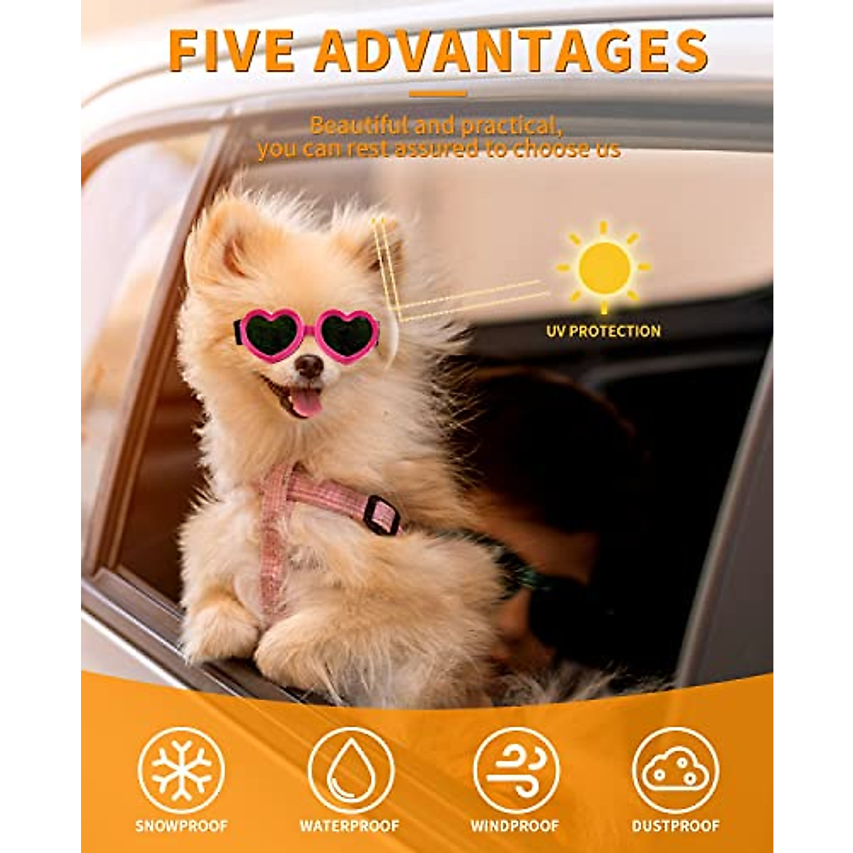 Suxible Dog Goggles Small Breed Dog Sunglasses, UV Protection Heart Shape Dog Sunglasses with Adjustable Strap, Waterproof Goggles for Dogs Doggy Pet Puppy Sun Glasses Doggie Windproof Glasses-Pink