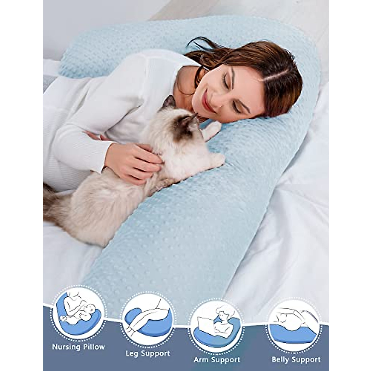 AngQi Full Body Pregnancy Pillow, Pregnancy Pillows for Sleeping, L Shaped Body Pillows for Adults, Maternity Pillow for Side Sleepers with Minky dot & Velvet A/B Side Cover, Dot White & Blue