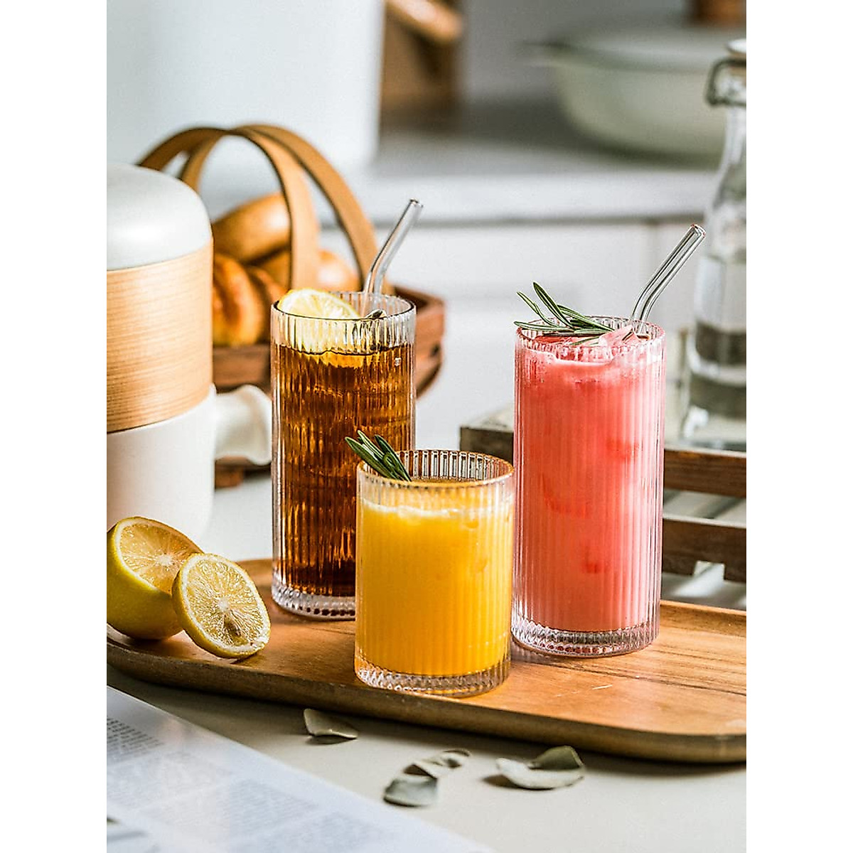 POLIDREAM Drinking Glasses with Origami Style Set of 4 Glass Cups, 12 oz Ribbed Glassware, Highball Glass Cups, Elegant Art Deco Ripple Vintage Glassware, Juice Glasses, Ideal for Cocktail, Beer