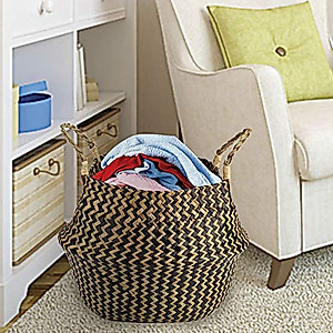 Foldable Storage Basket, Natural Seagrass Woven Storage Basket Clothes Organizer Plant Flower Pot for Bedroom, Living Room, Kids Room(Black (wave pattern))