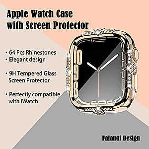 Falandi Hard Case Compatible with Apple Watch Case Series 8 Series 7 41mm Rhinestones with Built-in Glass Screen Protector Diamond iWatch Face Cover Smart Watch Case for Women Girl, 41mm Rose Gold