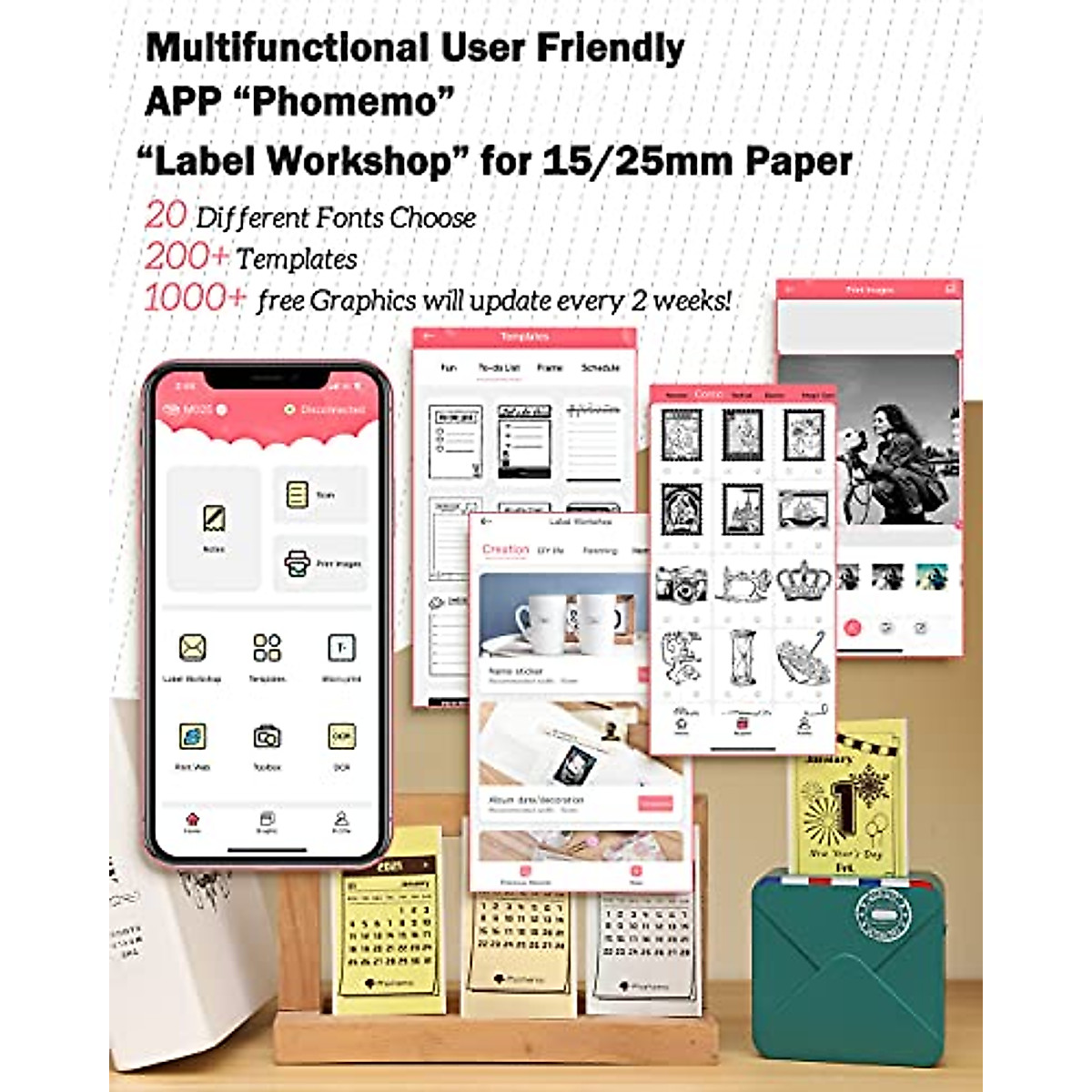 Phomemo M02S 304dpi Pocket Printer- Upgraded HD Bluetooth Thermal Photo Printer, Black and White Print-Out Phone Printer for Photo Printing, Plan Journal, Organization, Art Creation, Gift, DarkGreen