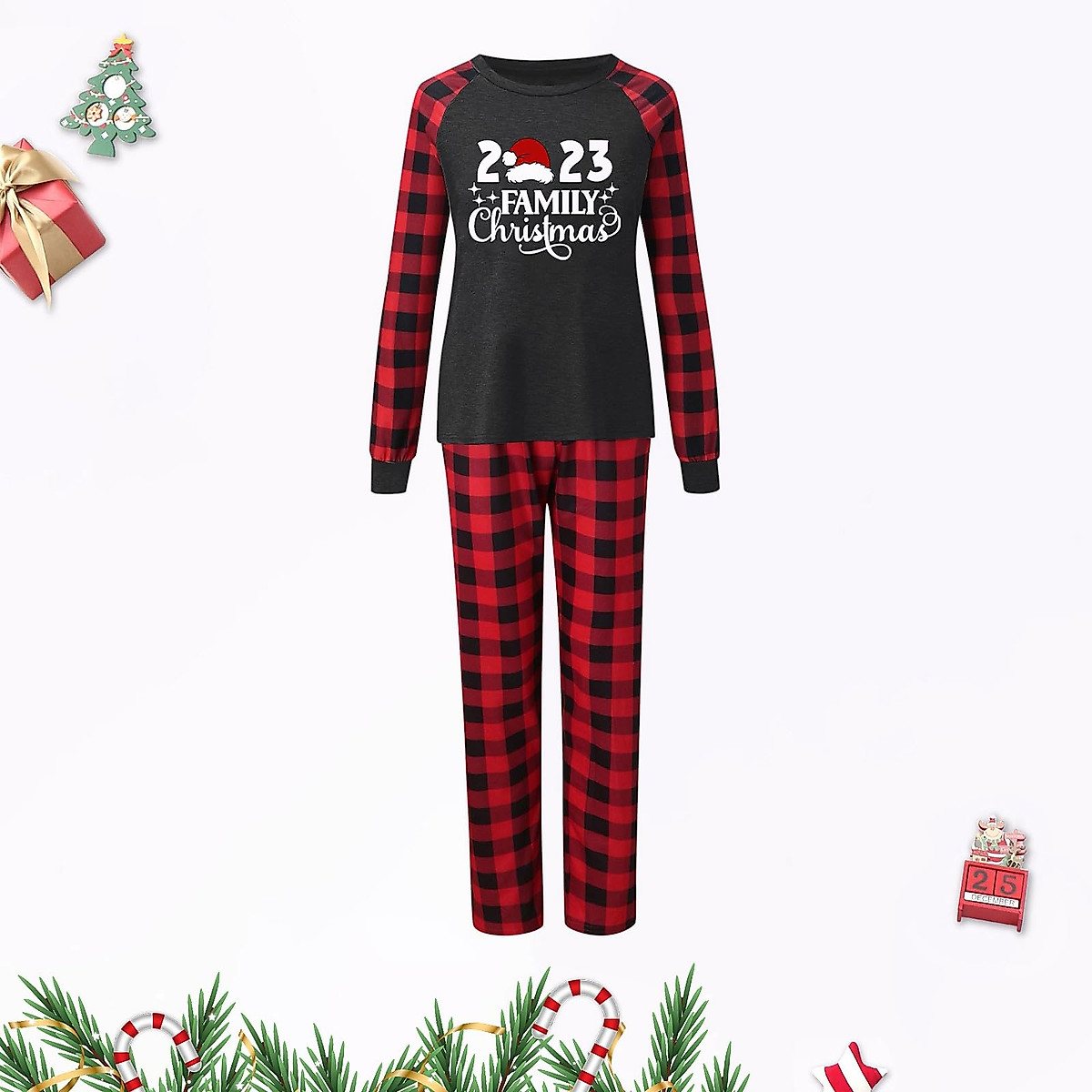 Christmas Pajamas for Family 2023 Matching Sets Xmas Long Sleeve Pj 2 Piece Set Festival Party Sleepwear Jammies(Women,11-Dark Gray,Large)