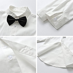 SANGTREE Baby Boy's Tuxedo Clothes, 3 Pieces Fall Winter Outfit, Long Sleeves Button Down Dress Shirt with Bow Tie + Vest + Pants Set Gentlemen Clothing, A - Black, 9-12 Months = Tag 70