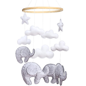 Elephant Baby Crib Mobile Neutral Felt Nursery Ceiling Decoration Cloud and Star Felt Baby Mobile Elephant Mobiles for Shower Gifts Baby Cribs Ceiling Hanging Decorations