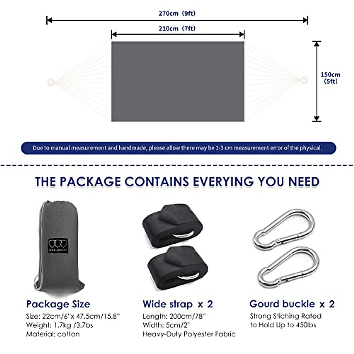 Gold Armour Hammock, Brazilian Style Hammock with Tree Straps for Hanging Durable Hammock, Portable Single Double Hammock for Camping Outdoor Indoor Patio Backyard (Dark Gray)