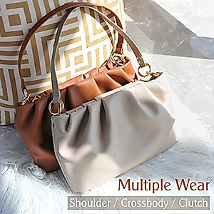 Women Ruched Shoulder Handbag Cloud Pouch Hobo Bag Convertible Clutch Soft Vegan Leather Cross body Bag (Nude)