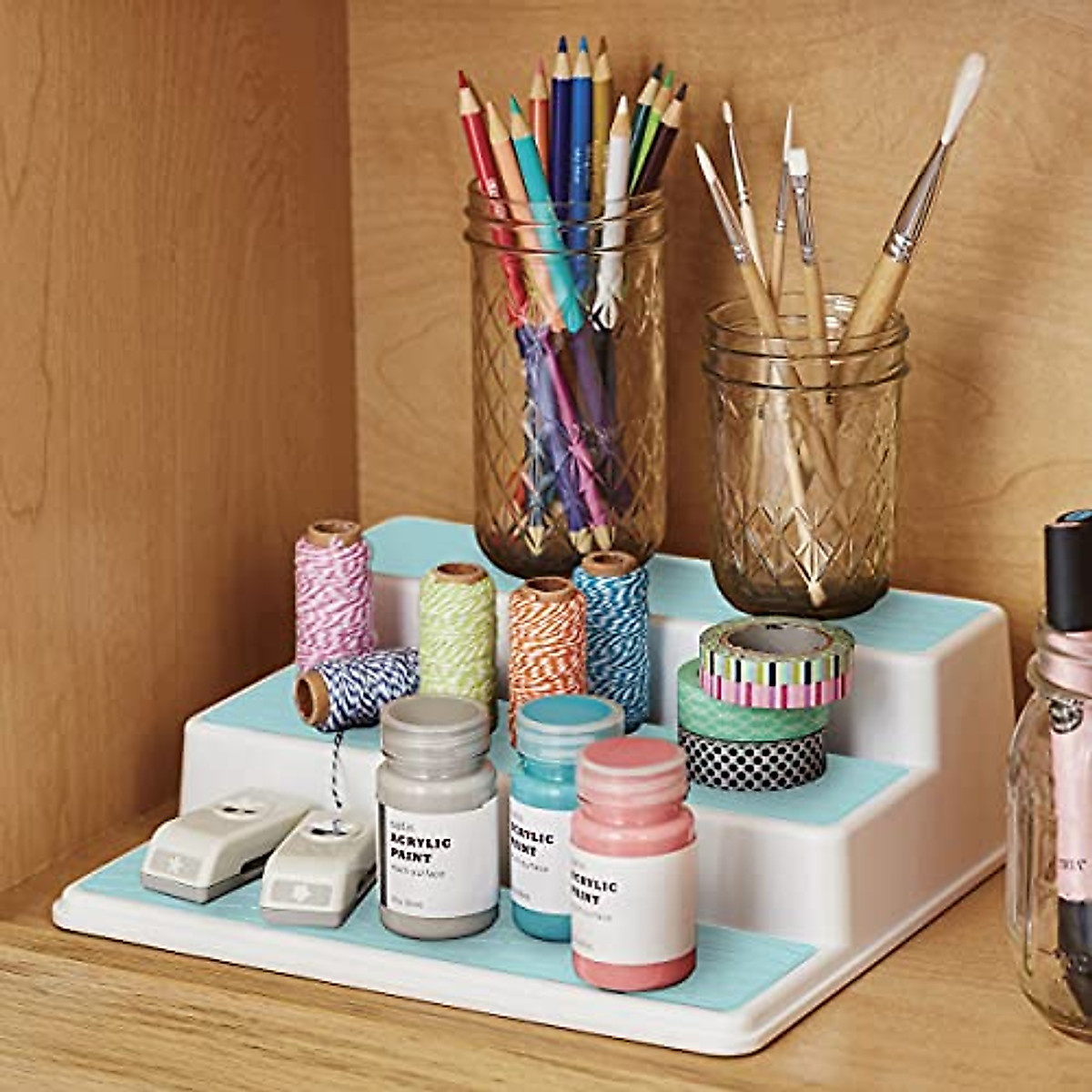 Copco Non-Skid 3-Tier Spice Pantry Kitchen Cabinet Organizer, 10-Inch, White/Aqua