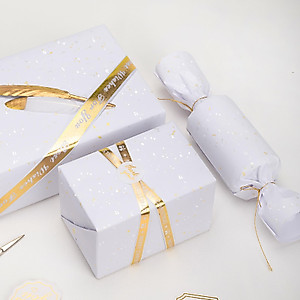 Flyhill Mini Roll Wrapping Paper-17inch*16.5ft（23.4sq.ft.ttl-White Gold Snowflake Foil Design with Smooth for Christmas,Birthday,Holiday,Wedding,Baby Shower