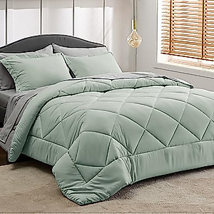Bedsure Sage Green Queen Comforter Set - 7 Pieces Reversible Bed Set Sage Green Bed in a Bag Queen with Comforters, Sheets, Pillowcases & Shams, Queen Bedding Sets