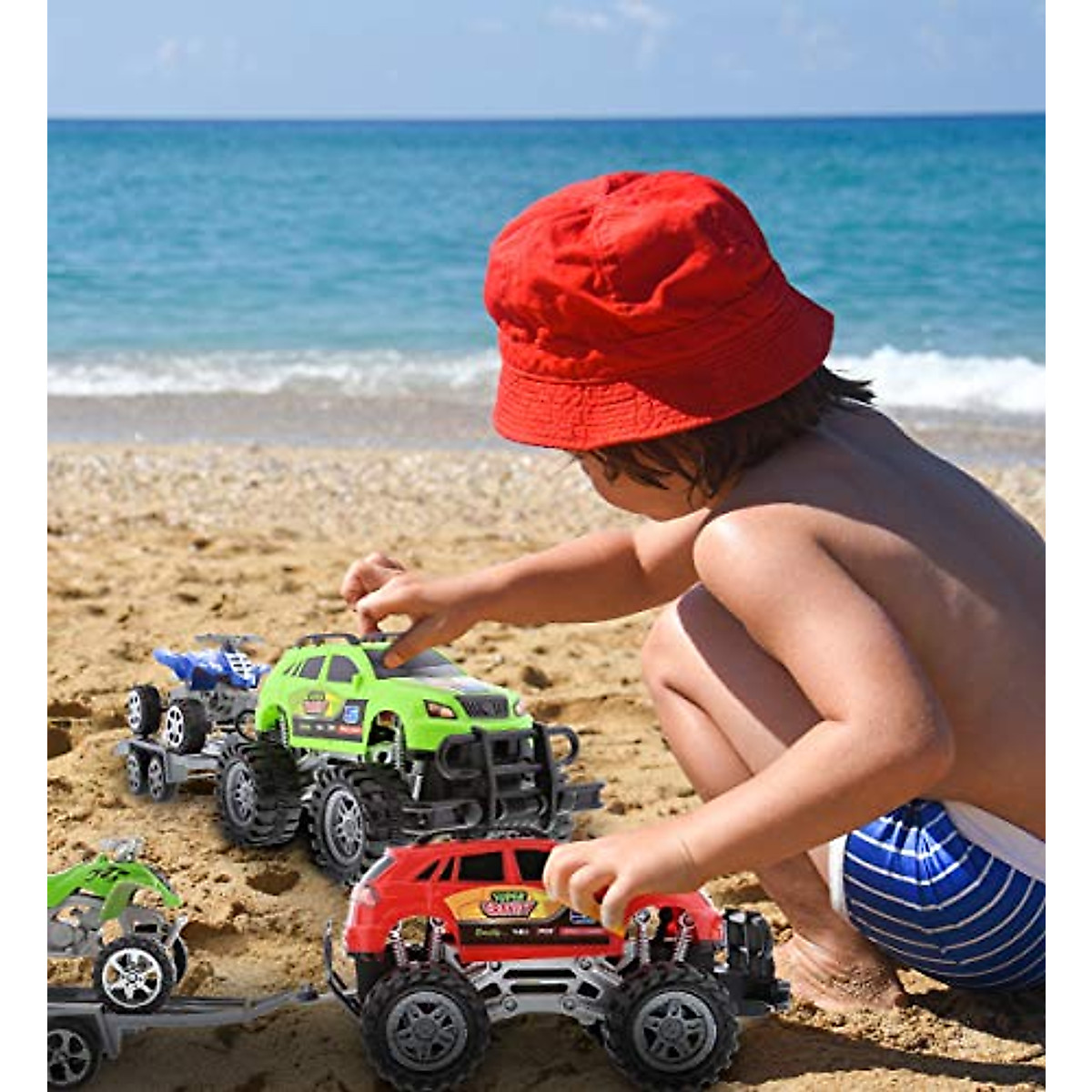 Mozlly Friction Powered Monster Trucks Car Toy SUV Towing ATV Toys Set of 2 - Monster Truck with Trailer ATV Toys for Fun Playtime Indoor or Outdoor - 2 Pack