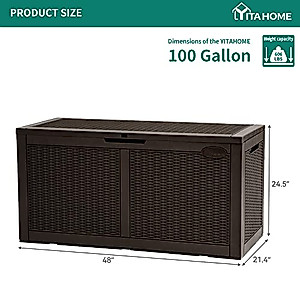 YITAHOME 100 Gallon Large Deck Box w/Storage Net, Resin Outdoor Storage Boxes, Waterproof Patio Cushion Storage Bench for Patio Furniture, Pool Supplies, Garden Tools- Rattan,Lockable (Dark Brown)