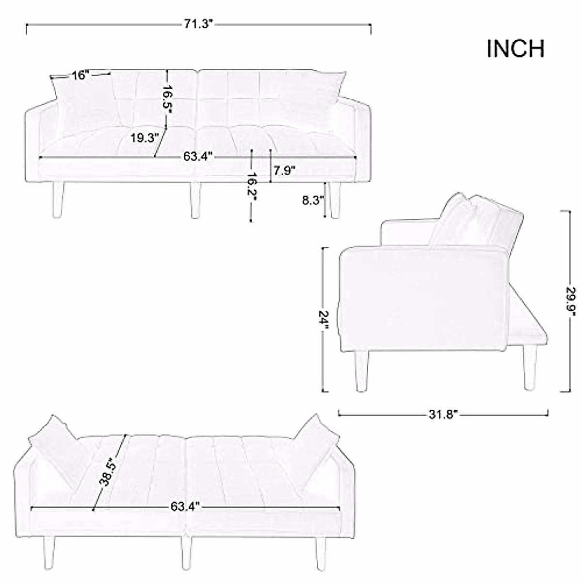 POCIYIHOME Futon Sleeper Sofa Adjustable Back and 2 Pillows, Upholstered Indoor Chaise with Conical Wood Legs, 2-Seater Recliner for Living, Bedroom,Office,Waiting Room, Polyester, Dark Gray