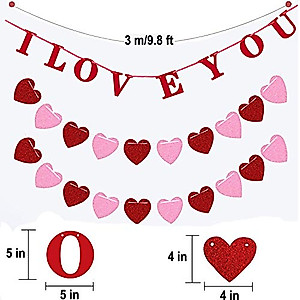 Valentine's Day Banner Decor, Red Pink Glitter Heart Garland Ribbon Hanging Decoration for Anniversary, Wedding, Birthday Party Ornaments, 28pcs with 29.5 ft Rope