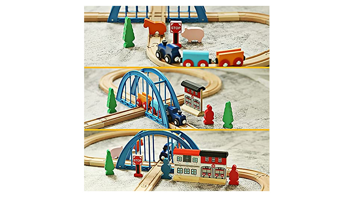 SainSmart Jr. Wooden Train Set 34pcs - Compatible with Brio & Thomas