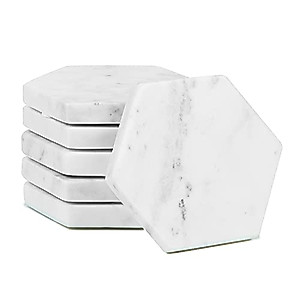 Lavaux Designs – Set of 6 Hexagon Marble Coasters | White Decor for Modern Homes | Drink Coasters for Coffee Table, Dining, Bar or Office| Made from 100% Solid Real Marble | Cute Stone Coasters