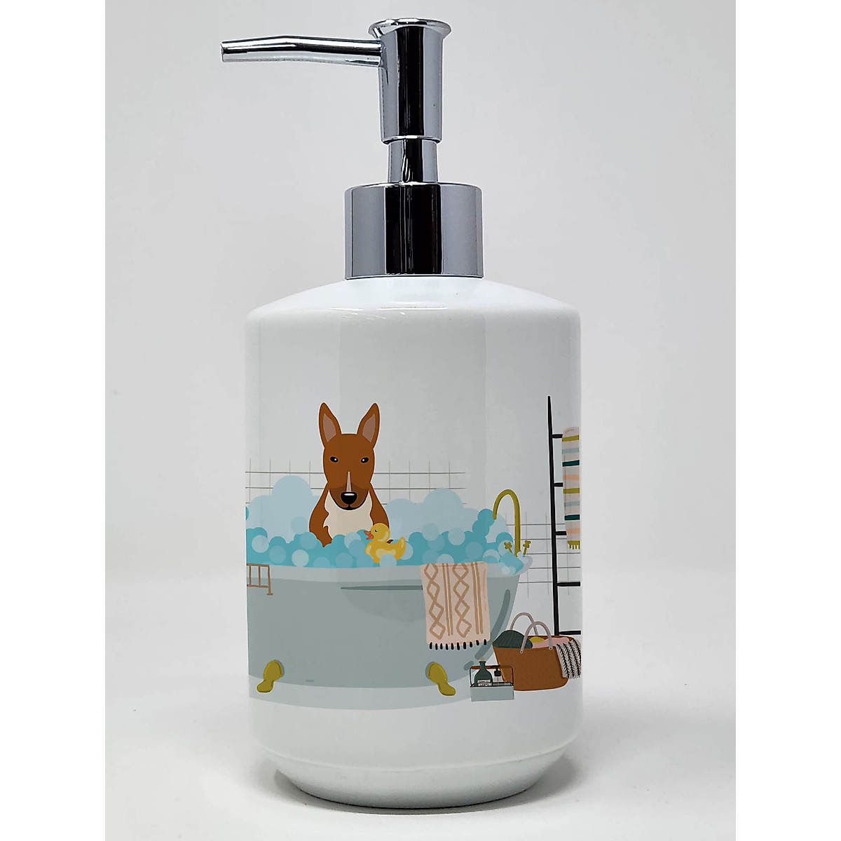 Caroline's Treasures WDK5831SOAP Red Bull Terrier in Bathtub Ceramic Soap Dispenser Hand Soap Dispenser Pump Bottles for Bathroom Kitchen, Empty Refillable Liquid Soap Container