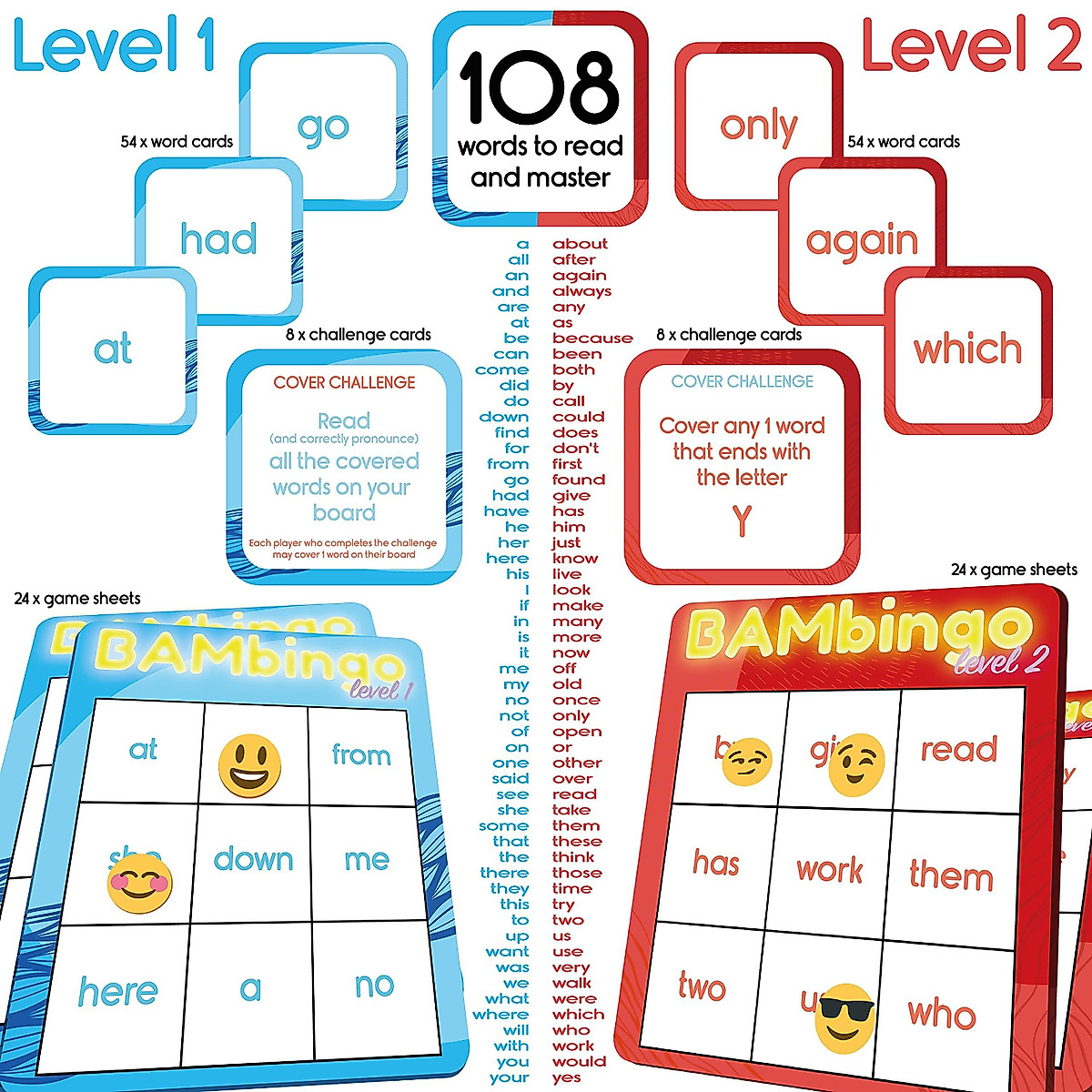 THE BAMBINO TREE Sight Word Bingo Game Level 1 and 2 - Learn to Read Vocabulary for Kindergarten 1st Grade - Dolch's Fry's Words Lists