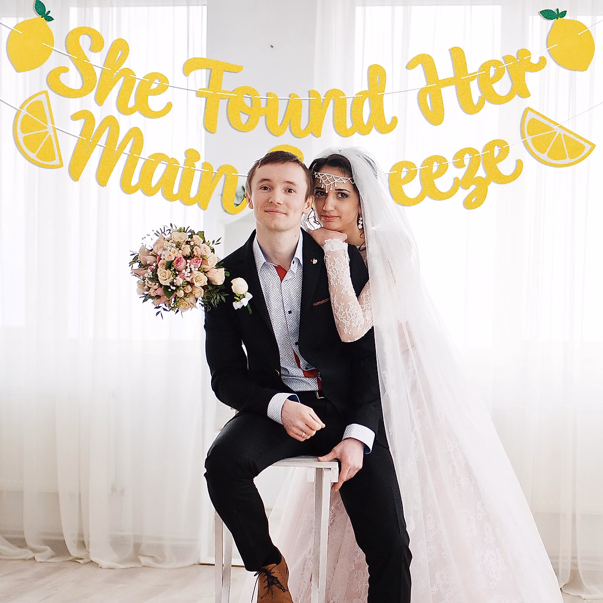 She Found Her Main Squeeze Banner - Spritz O’Clock Banner, Lemon Citrus Lemonade Theme Bridal Shower Bride to Be Wedding Engagement Bachelorette Party Supplies Gold Glitter