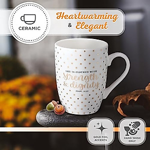 Christian Art Gifts Ceramic Coffee and Tea Mug 12 oz Inspirational Bible Verse Mug for Men and Women: Strength & Dignity - Proverbs 31:25 Lead and Cadmium-free White Mug with Gold Polka Dots