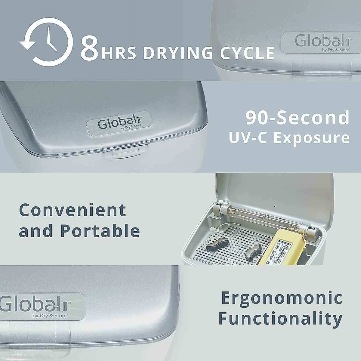 Global II by Dry & Store | Electric Hearing Aid Dehumidifier with UV-C Lamp Sanitizer
