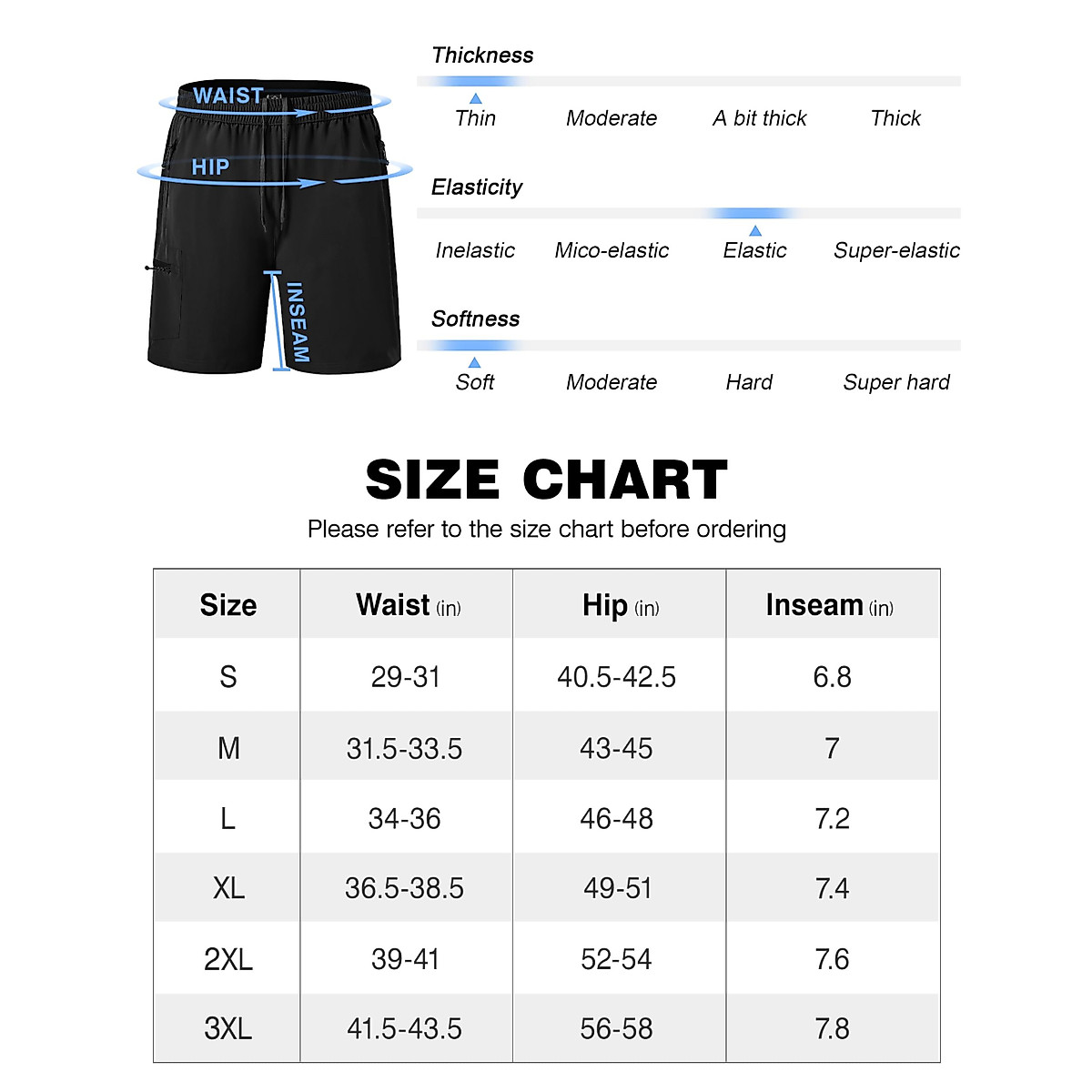 Rdruko Men's Work Hiking Shorts Lightweight Quick Dry Outdoor Cargo Shorts with Pockets(Black, US XL)