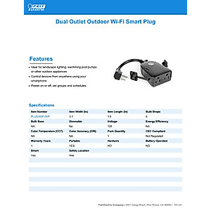 Feit Electric Smart Outdoor Plug, WiFi Waterproof Plug, 2 Grounded Sockets, Works with Alexa and Google Assistant, App Controlled, 15 Amp Indoor/Outdoor 2 Outlet Plug, Black, Plug/WiFi/WP