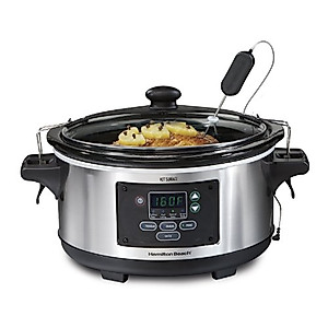 Hamilton Beach Portable 6 Quart Set & Forget Digital Programmable Slow Cooker with Lid Lock, Dishwasher Safe Crock & Lid, Temperature Probe, Stainless Steel