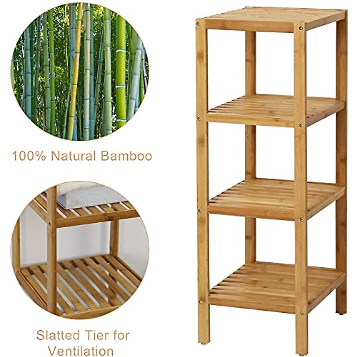 buenotoys 100% Bamboo Bathroom Shelf Corner Shelf Narrow Shelving Unit - Storage Rack Organizer, Plant Stand for Bathroom Kitchen Living Room (4-Tier)