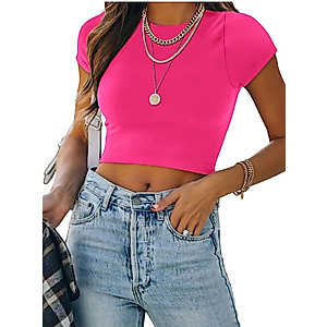 Women's Summer Cute Short Sleeve High Neck Double Lined Tight Casual Basic T Shirts Yoga Crop Tops Tees Neon Rose Red Large