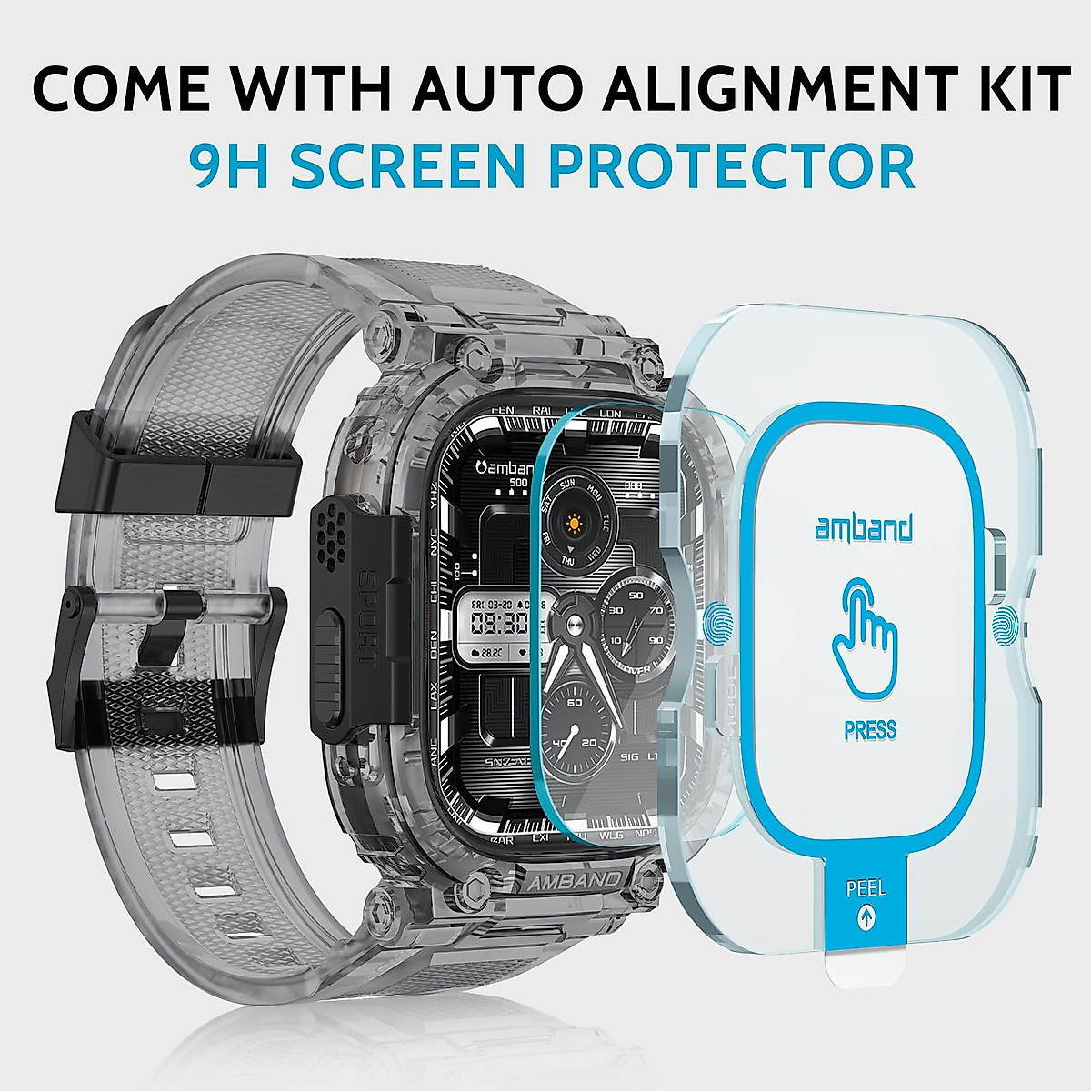 amBand Bands Case Screen Protector Compatible with Apple Watch Ultra 2/1 49mm, M1 Sport Series Rugged Cover Strap and 9H Tempered Glass Film, Protective Bumper for iWatch 49 mm Men Crystal Black