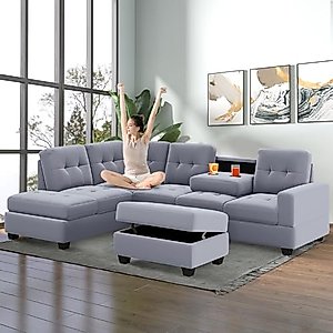 Living Room Furniture, Reversible Sectional Sofa with Storage Ottoman,L-Shape Couch with Two Cup Holders for Large Space Dorm Apartment,Gray