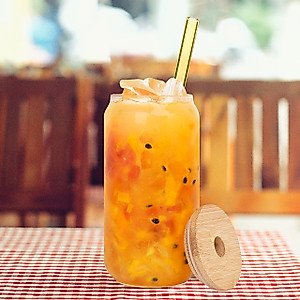 Bamboo Lids for Beer Can Glass, ANOTION Mason Jar Lids with Straw Hole, 4 Reusable Bamboo Mason Jar Drinking Lids for Regular Mouth Mason Jar with 4 Muti-Color Glass Straw for Coffee Boba Cup