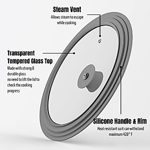 J&C LIFE Universal Lids for Pots, Pans & Skillets (2PCs, Grey) Fits 7-8.5, 10-12 Inch Frying Pan Skillet, Glass Pan Lids with Heat Resistant Silicone Rim, Pan Cover for Cast Iron Skillet Cookware