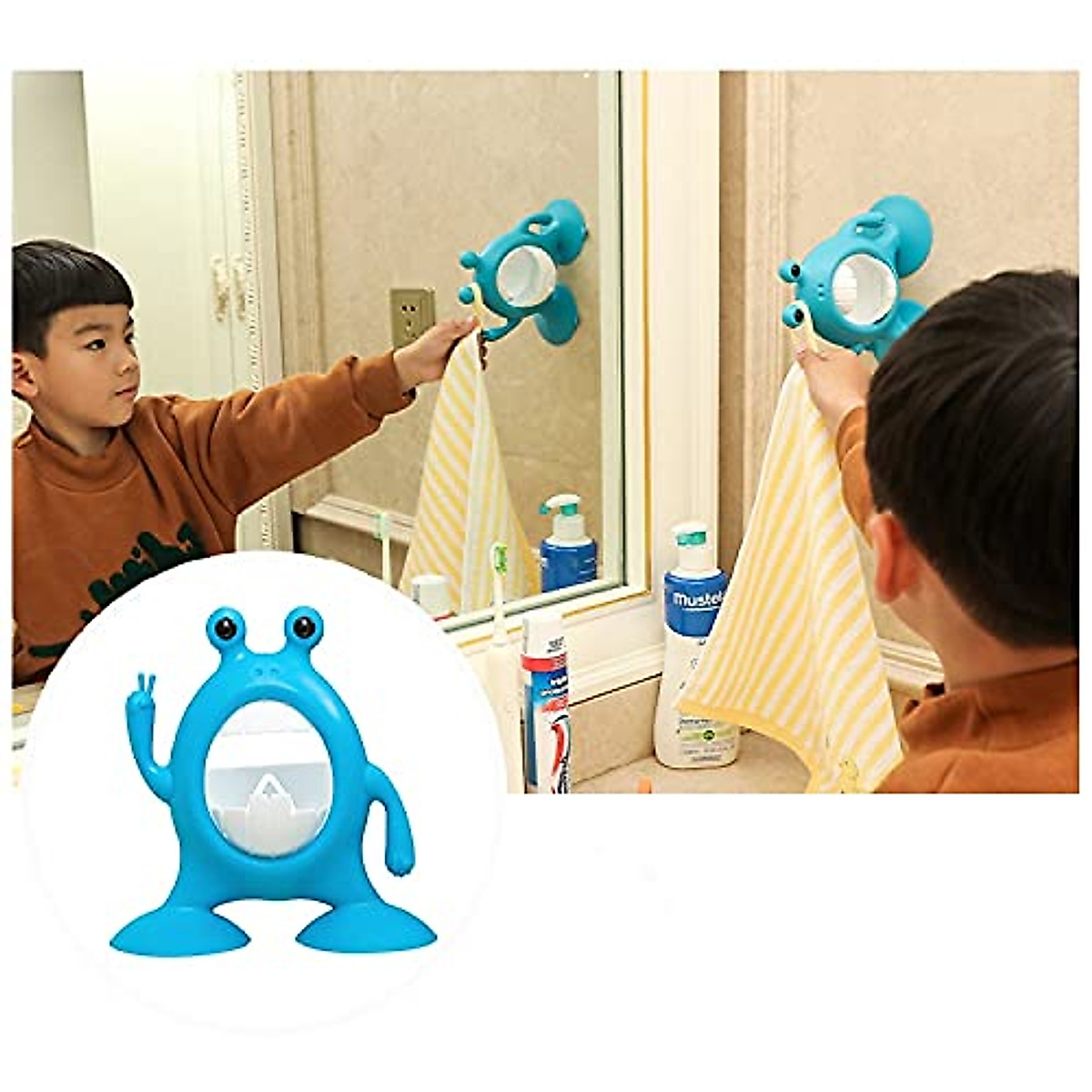 Cartoon Frog Fun Kids Toothbrush Holder with Suction Cup for Bathroom,Toothpaste Holder with Cup for Mounting on Smooth Wall for Toddler Kids Baby Boys Girls in Bathroom Shower Bedroom Office (Blue)