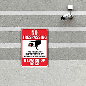 No Trespassing This Property Is Protected By Video Surveillance Beware Of Dogs Metal Reflective Sign - 14 x 10 Inches .040 Aluminum - 6 Pre-Drilled Holes - UV Protected, Waterproof and Fade Resistant