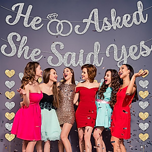 He Asked She Said Yes Banner Silver Glitter, No-DIY She Said Yes Decorations Banner with Heart Garland, Engagement Party Decorations Silver for Wedding Engagement Bridal Shower Party Decorations