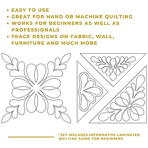 Quilting Stencils for Machine and Hand Quilting - Set of 2 Reusable Feather, Hearts and Triangular Designs Plastic Quilt Stencil for Borders, Background, Block Patterns with Guide