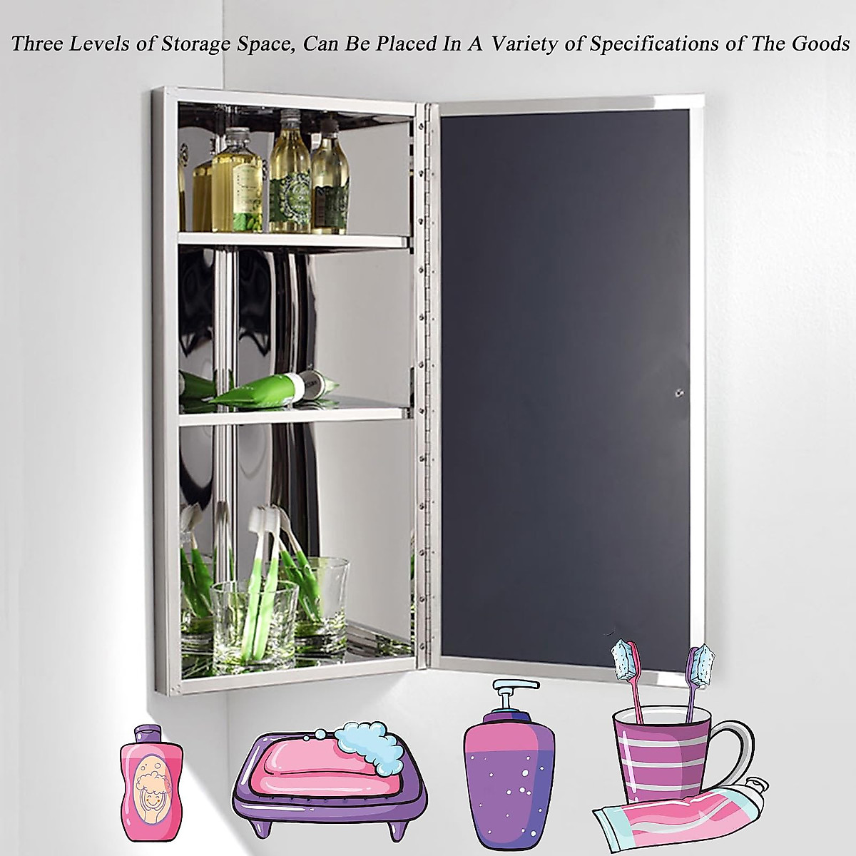 Bathroom Corner Medicine Cabinet with Mirror, Single Door Bathroom Wall Mount Stainless Steels Mirror Cabinet, Hanging Triple Shelf Storage Cabinet 12x24 inches (Left)