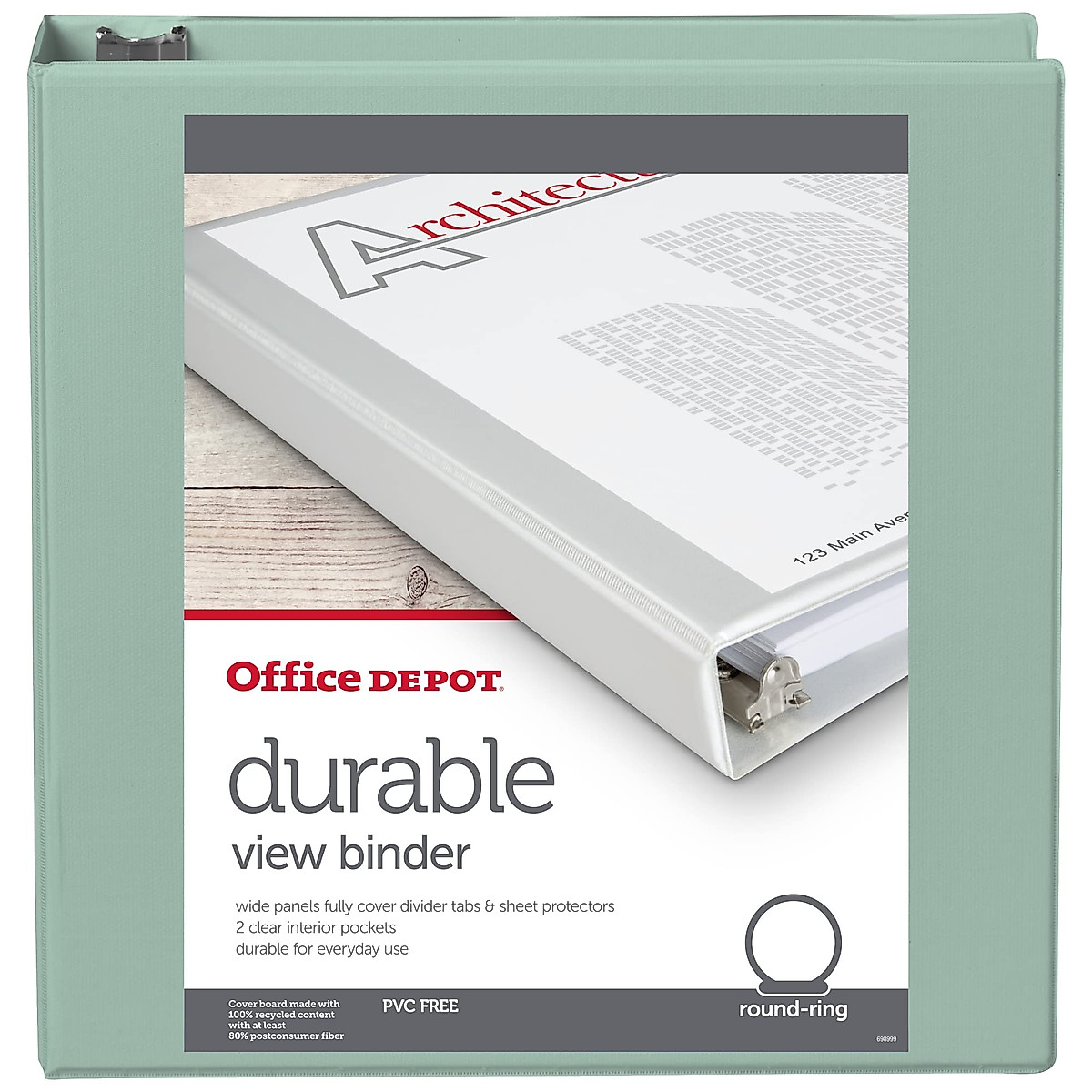 Office Depot® Brand 3-Ring Durable View Binder, 2" Round Rings, Sage