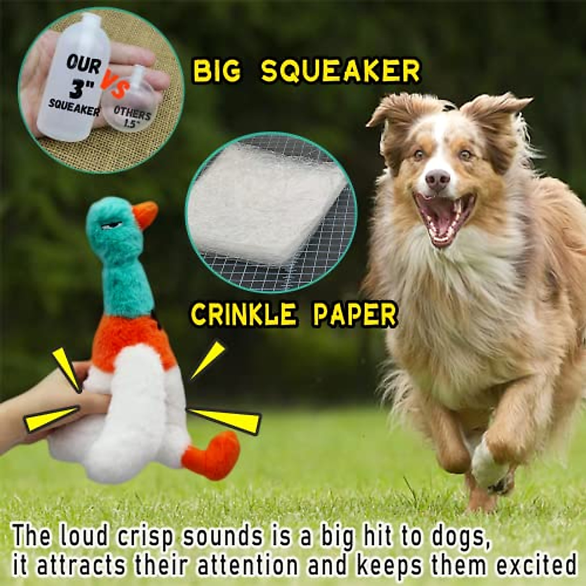 REQIHO Squeaky Dog Toys - Durable Plush Duck Crinkle Paper Stuffed Animal Toys for Small to Large Dogs