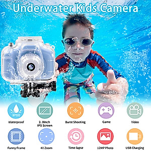 Kids Camera Waterproof Underwater Camera for 3-12 Year Old Boys Girls 2 Inch IPS Screen 1080P HD Digital Kids Video Camera Indoor Outdoor Action Cameras Best Christmas Birthday Gifts