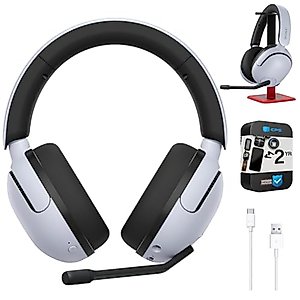 Sony WHG500/W INZONE H5 Wireless Noise Cancelling Gaming Headset, White Bundle with Deco Gear Pro Audio Headphone Stand, 6 Foot USB-A to USB-C Cable & 2 YR CPS Enhanced Protection Pack