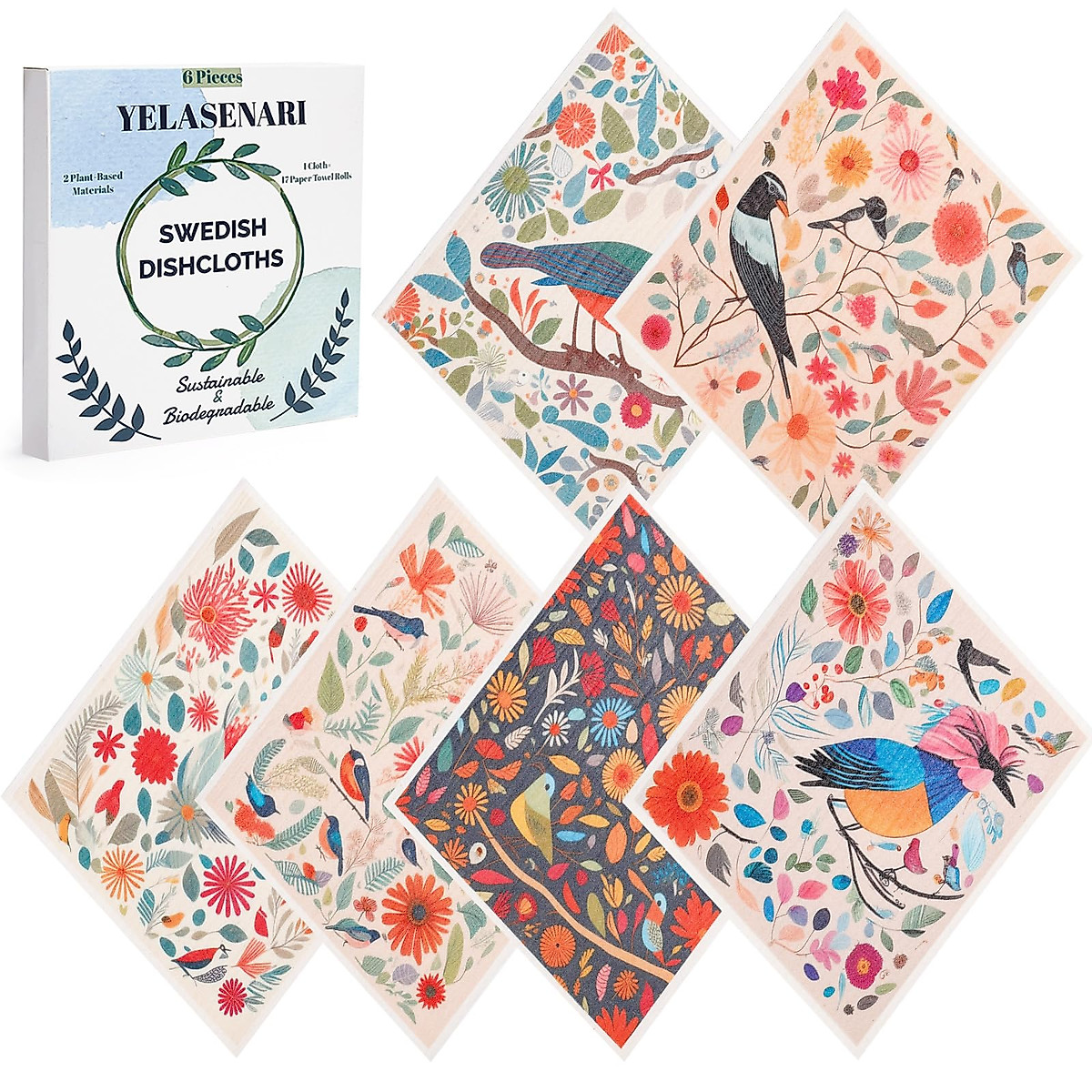 Yelasenari Swedish Dishcloths for Kitchen Reusable 6 Pack Kitchen Towels No Odor Quick-Drying Papaya Reusable Paper Towels Reusable Paper Towels Washable for Countertop Sink Kitchen Flower Bird