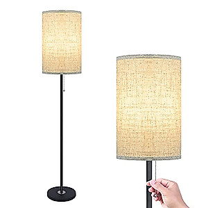 Floor Lamp, Modern Standing Lamp with Drum Fabric Shade, Farmhouse Pole Lamp, Corner Tall Stand Up Lamp for Living Room, Bedroom, Office, Bright Floor Lamp with Pull Switch (Sand Black)