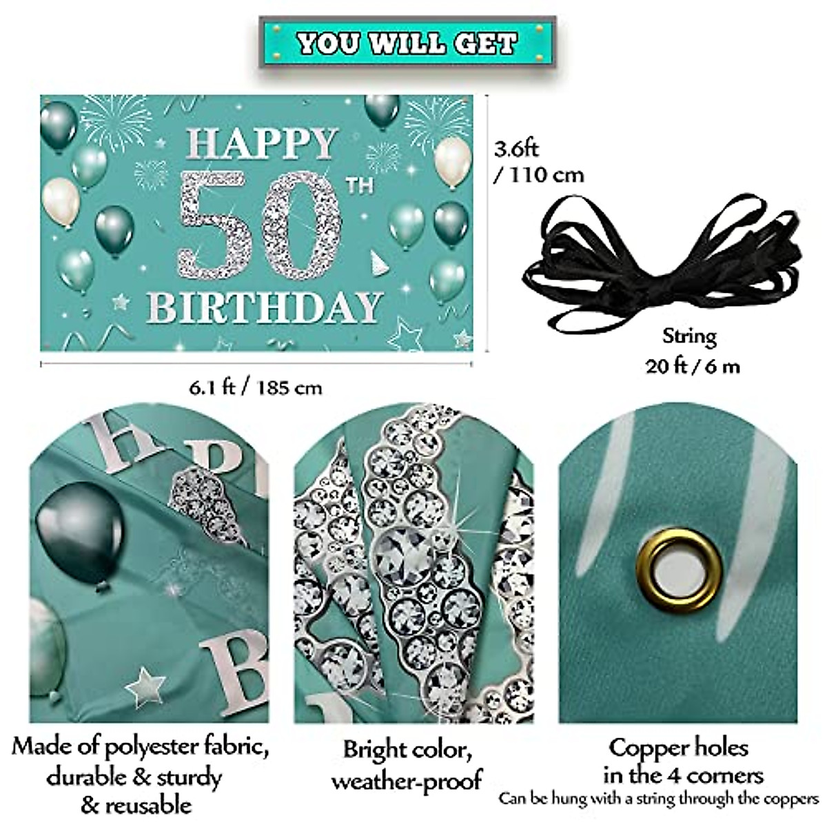 50th Birthday Decoration Backdrop Banner, Teal Silver Happy 50th Birthday Decorations for Women, Turquoise 50 Year Old Birthday Party Photo Booth Props Supplies for Outdoor Indoor, Fabric Vicycaty
