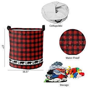 Forest Animals Large Laundry Hamper Collapsible with Handles, Waterproof Dirty Clothes Hamper Baby Nursery for Kids Room Dorm Storage, Bear Footprints with Red and Black Grid
